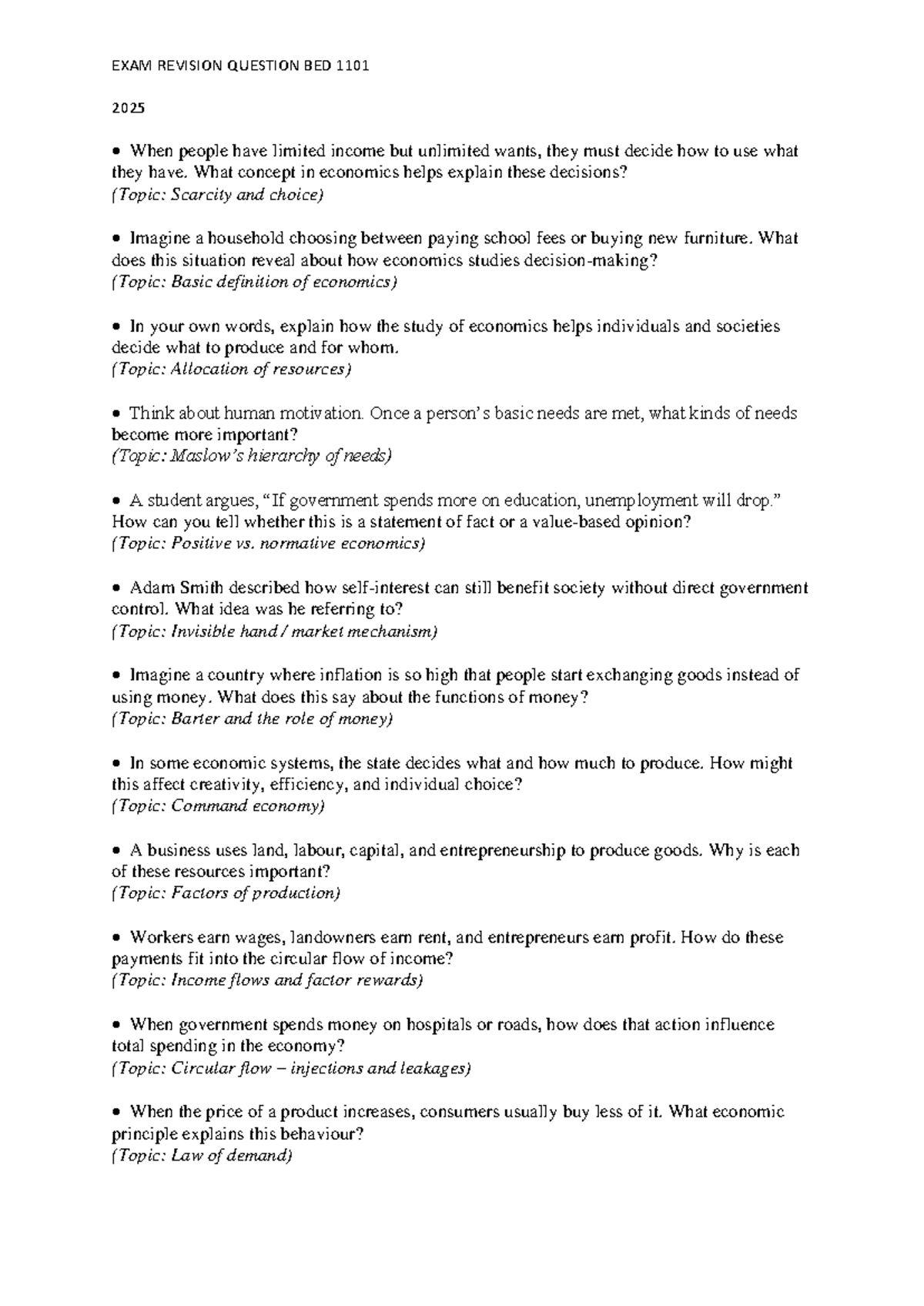 BED 1101 Exam Revision Questions for 2025: Key Economic Concepts - Studocu