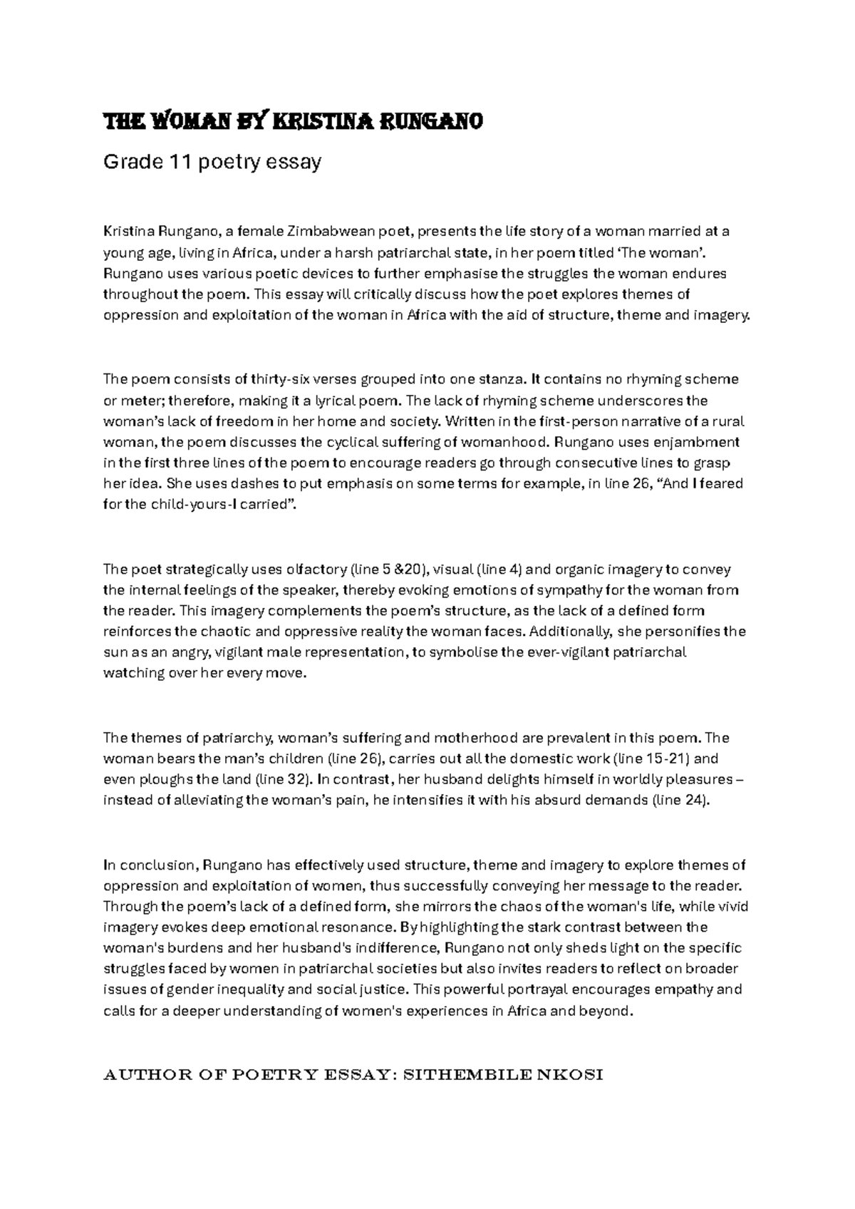 Grade 11 Literature Essay on "The Woman" by Kristina Rungano - Studocu