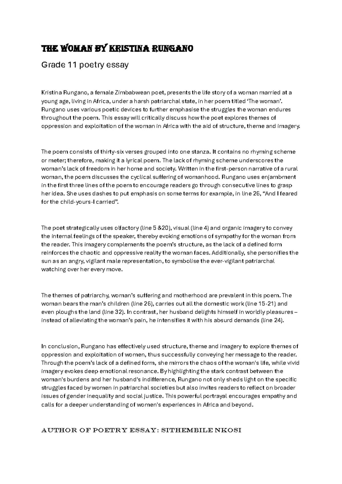 Grade 11 Literature Essay on "The Woman" by Kristina Rungano - Studocu