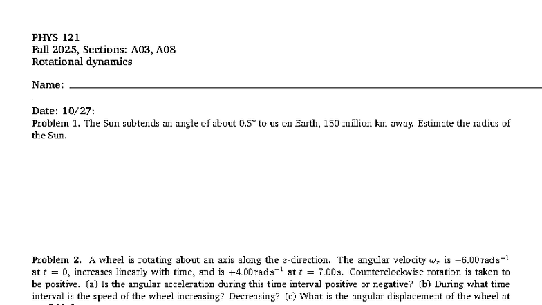 PHYS 121 Fall 2025: Worksheet 15 on Rotational Dynamics - Studocu
