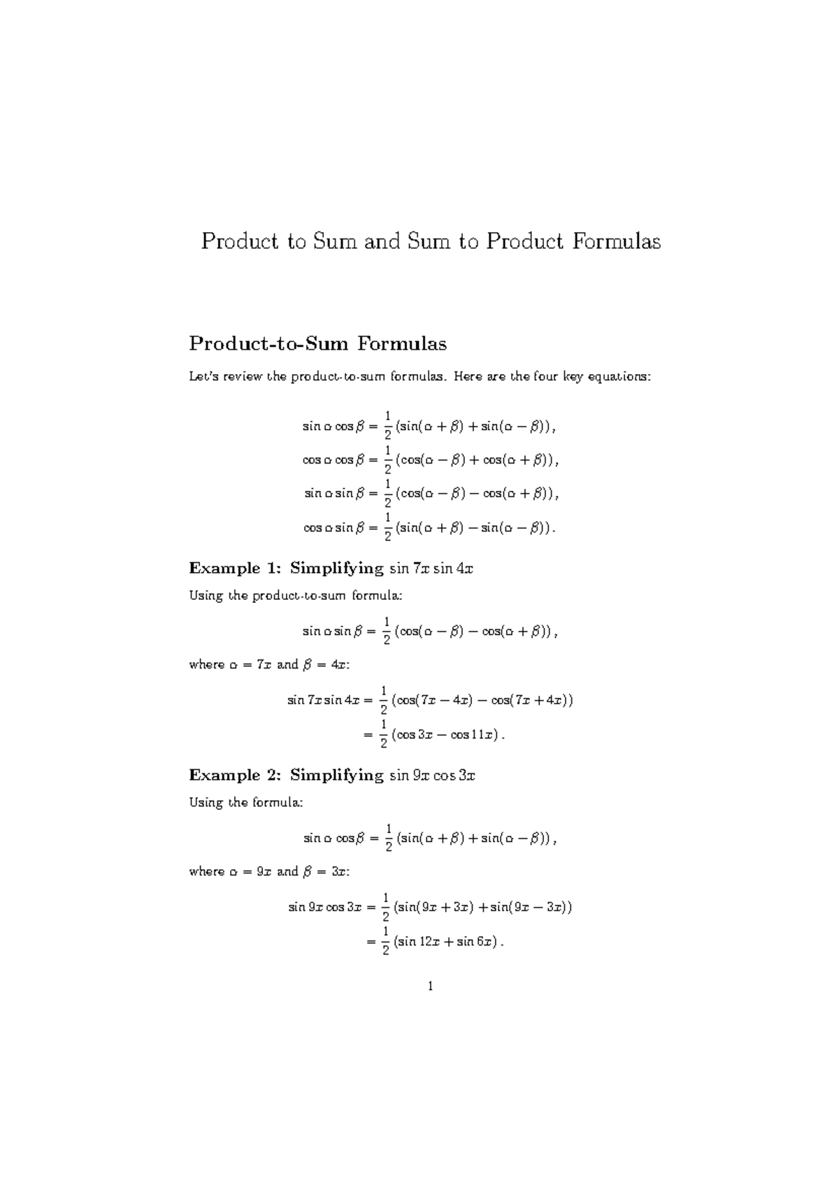 Product to Sum and Sum to Product Formulas Review (Math 101) - Studocu