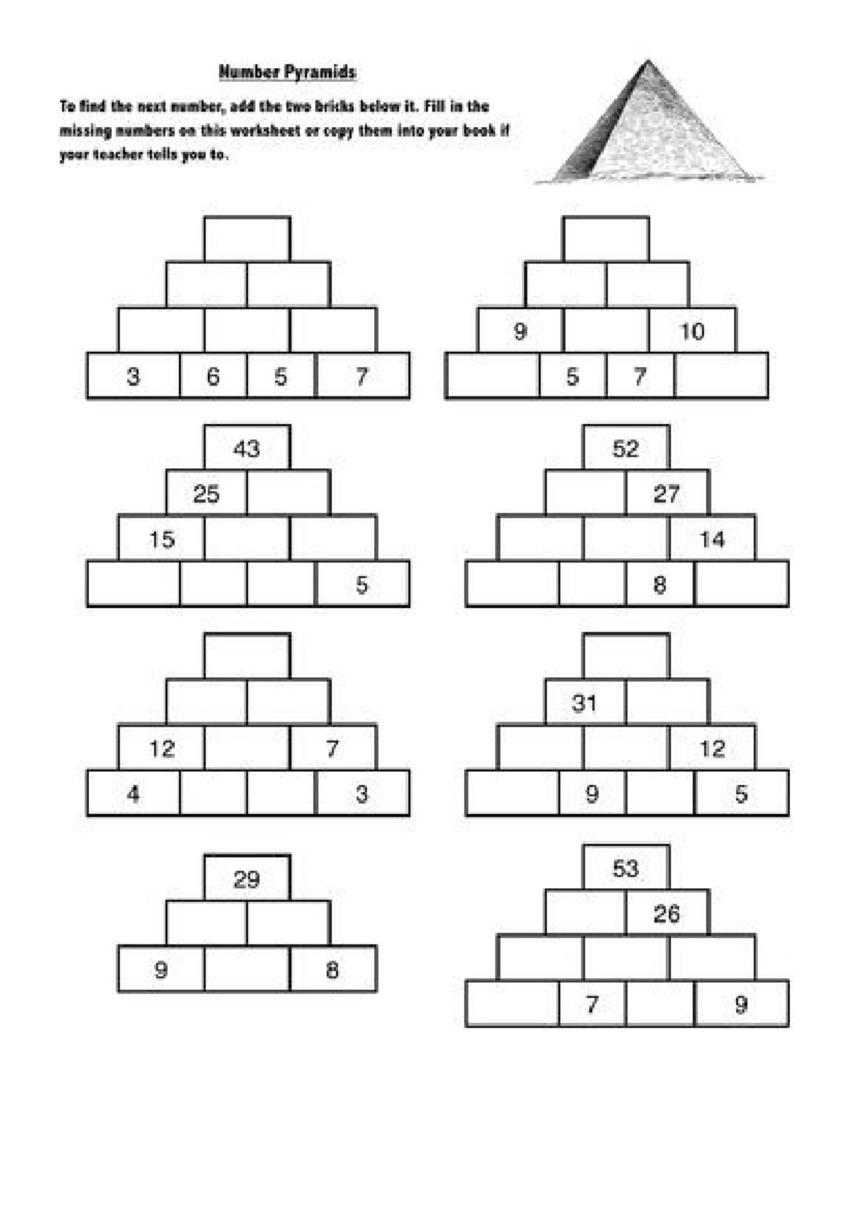 Number Pyramids Worksheet: Fill in the Missing Numbers - Studocu