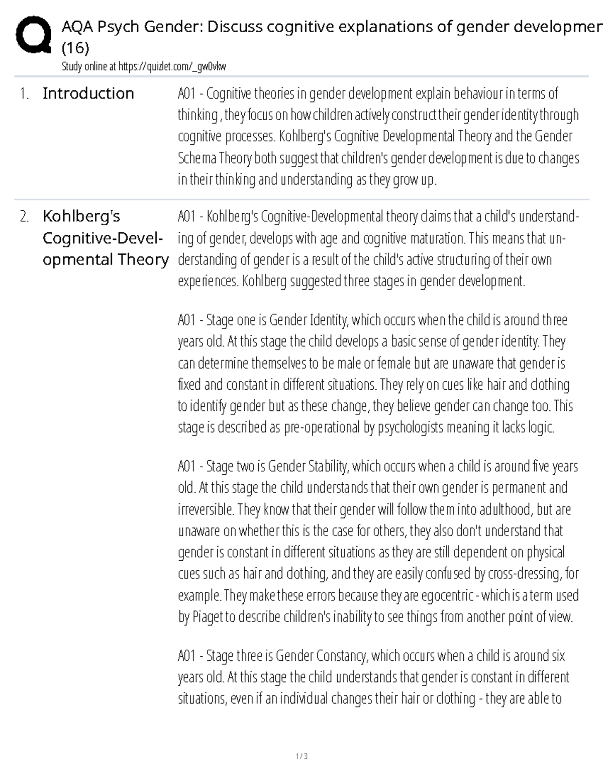 AQA Psych Gender: Cognitive Explanations of Gender Development (16 ...