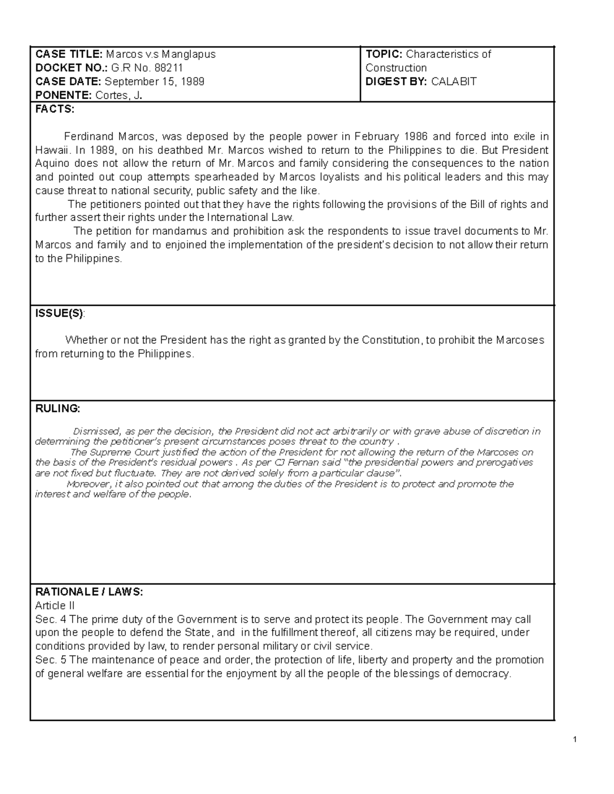Marcos v. Manglapus Case Digest (G.R. No. 88211) by Calabit - Studocu