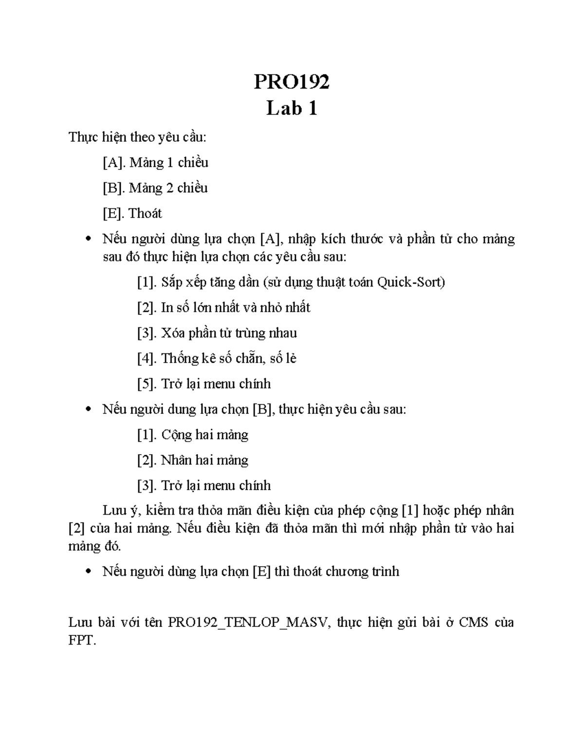 PRO192 Lab 1 - Array Manipulation and Operations Guide - Studocu