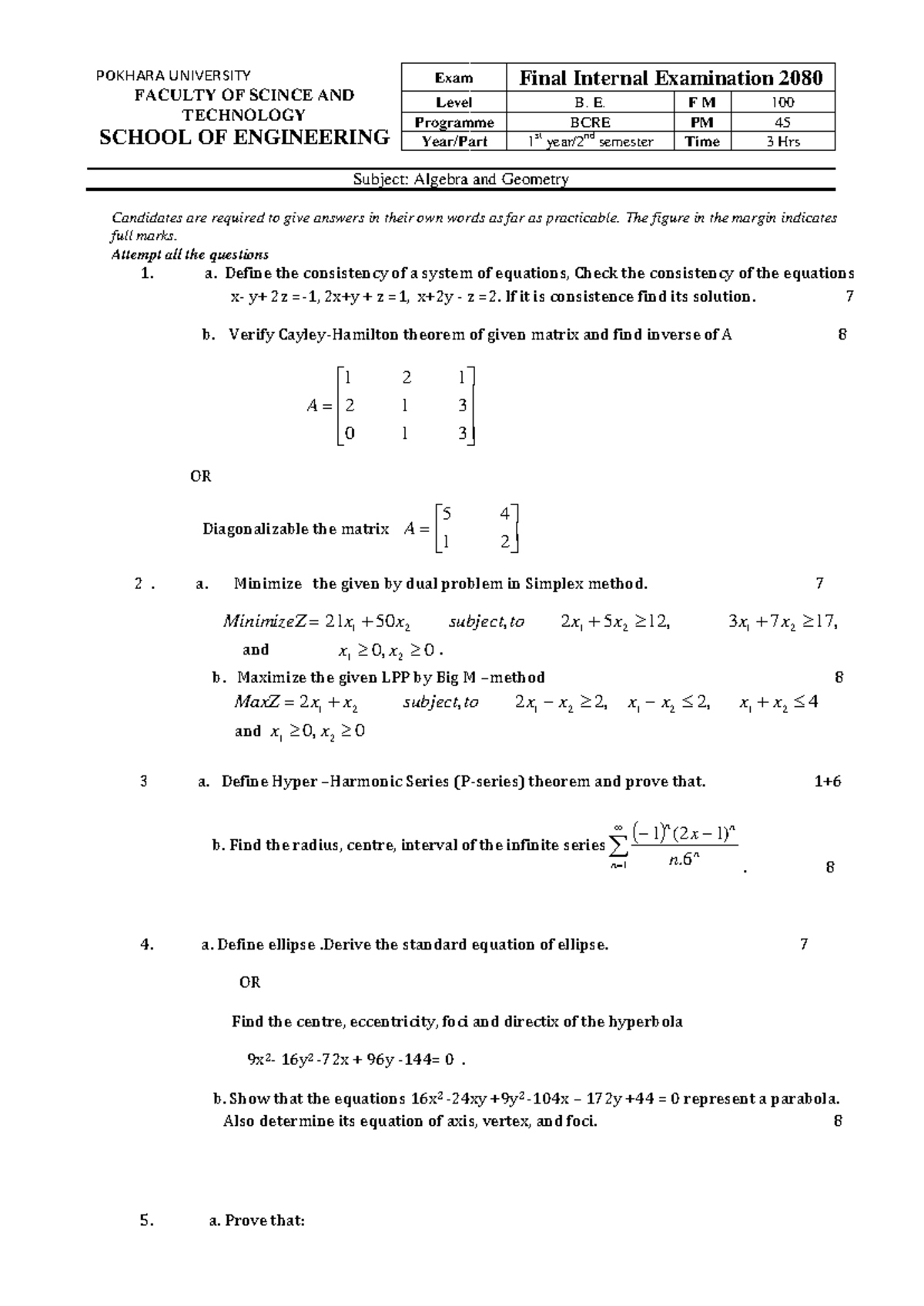 BCRE 2080 Final Exam Questions: Algebra and Geometry - Studocu