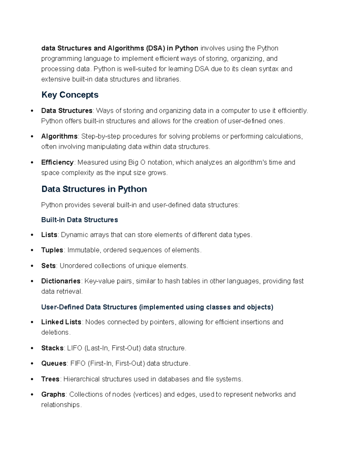 Data Structures and Algorithms (DSA) in Python Overview - Studocu