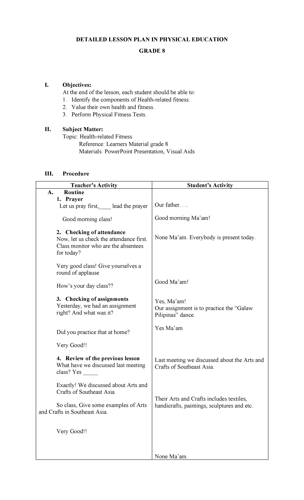 Detailed Lesson Plan: Health-Related Fitness - Grade 8 DLP - Studocu