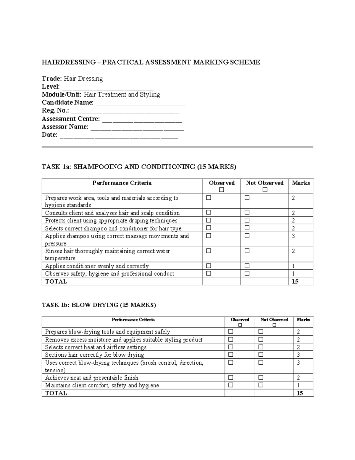 HAIRDRESSING ASSESSMENT MARKING SCHEME - HAIR TREATMENT & STYLING - Studocu