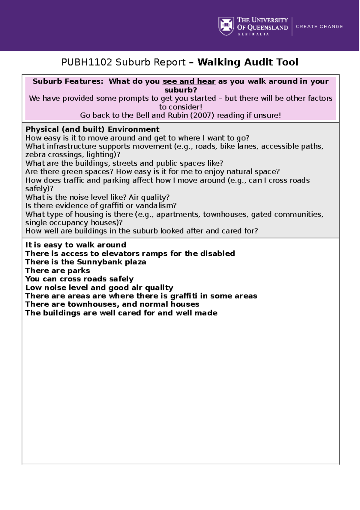 Why Place Matters Walking Audit Tool 2025 V2 copy - PUBH1102 Suburb ...