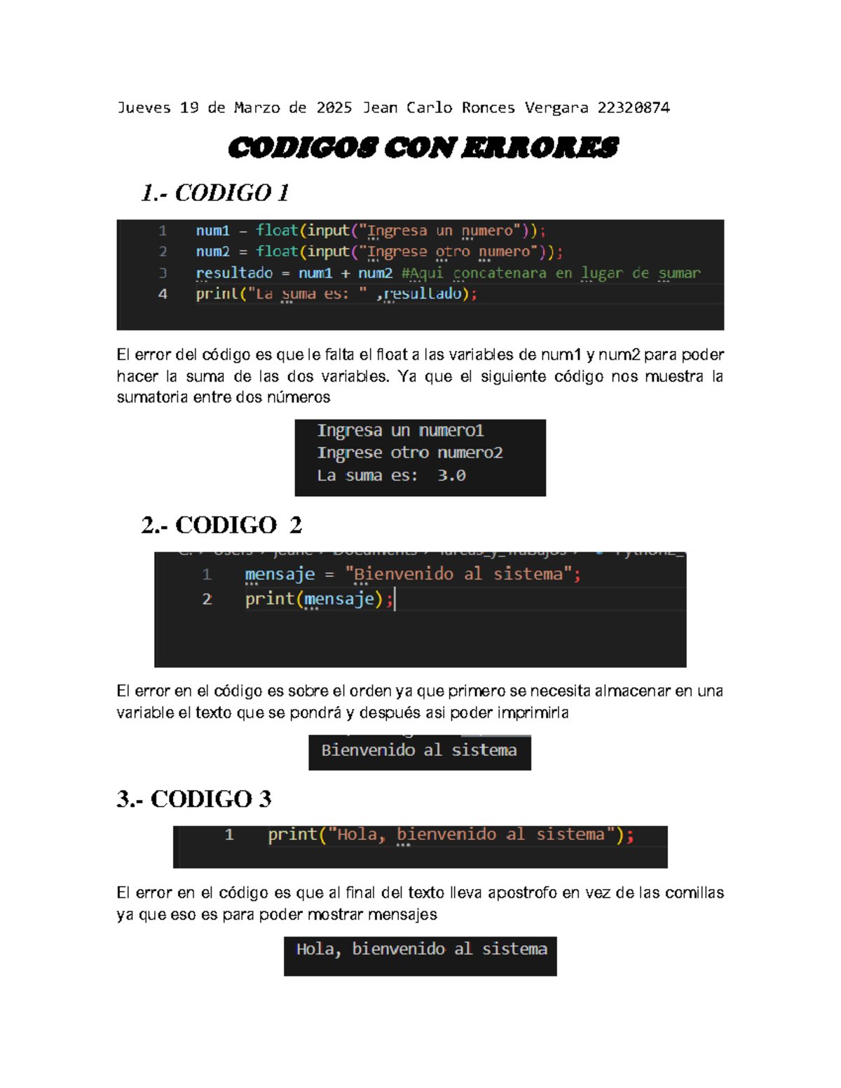 Codigos con Errores en Python - Jean Carlo Ronces Vergara - Studocu