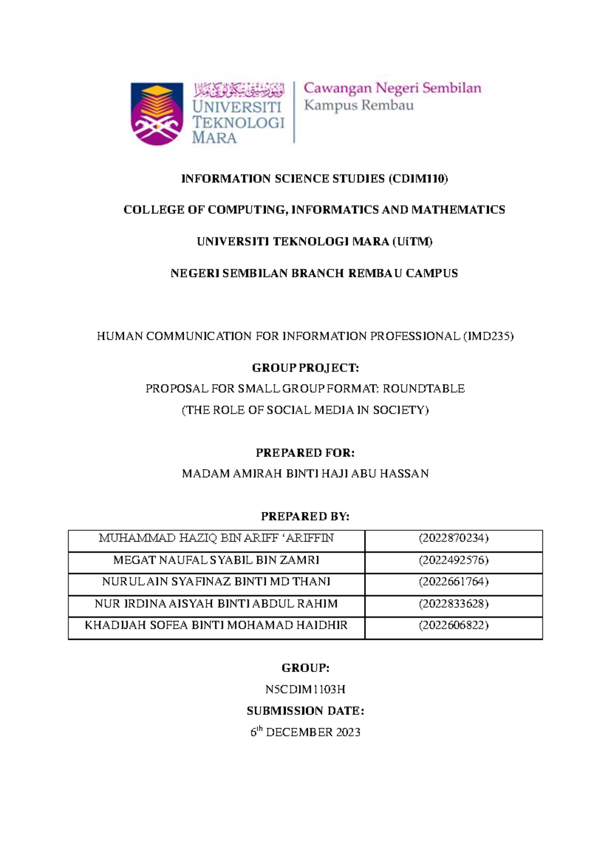 Group Assignment Roundtable - INFORMATION SCIENCE STUDIES (CDIM110 ...