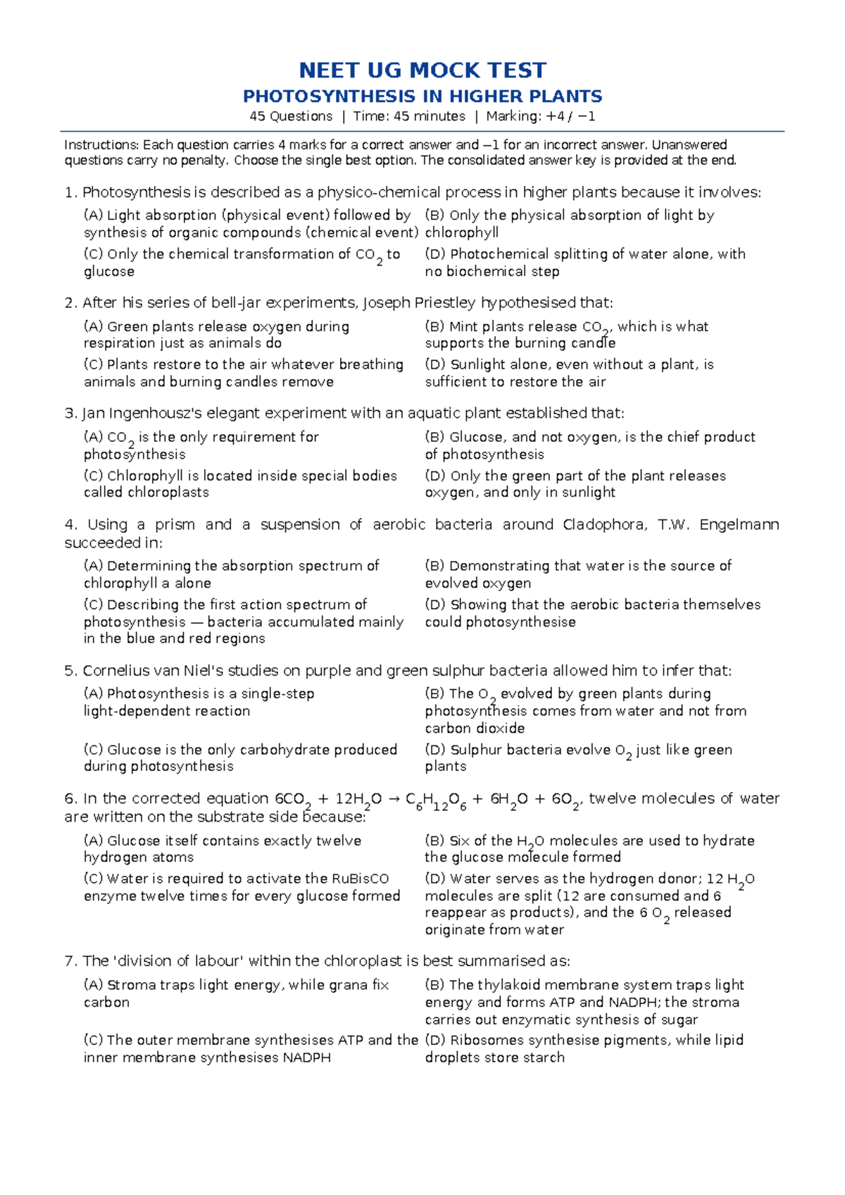 NEET UG MOCK TEST: Photosynthesis in Higher Plants (45 Qs) - Studocu