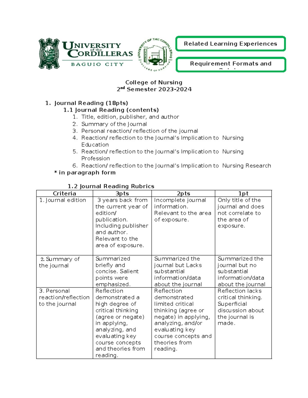 RLE-generic-reqts formats-and-rubrics-1 - College of Nursing 2 nd ...