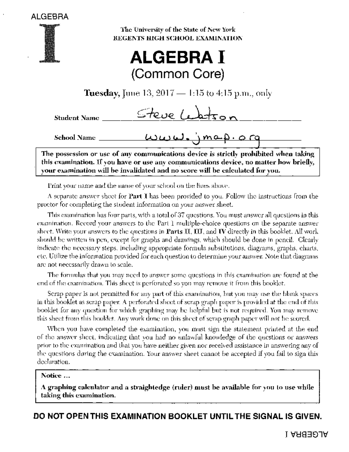 Algebra I (Common Core) - June 2017 Regents Exam Answers with Work ...