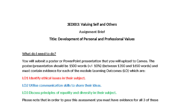3ED003: Development of Personal & Professional Values Assignment Brief ...