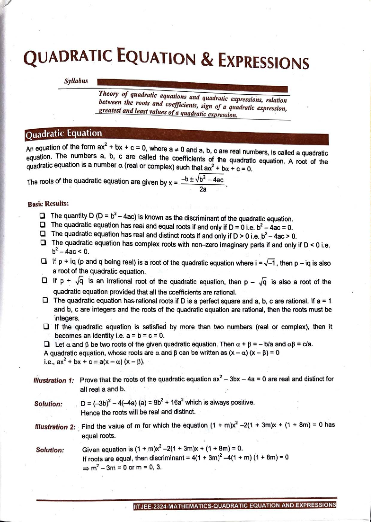 QUADRATIC EQUATION AND EXPRESSIONS Syllabus Overview and Key Concepts ...