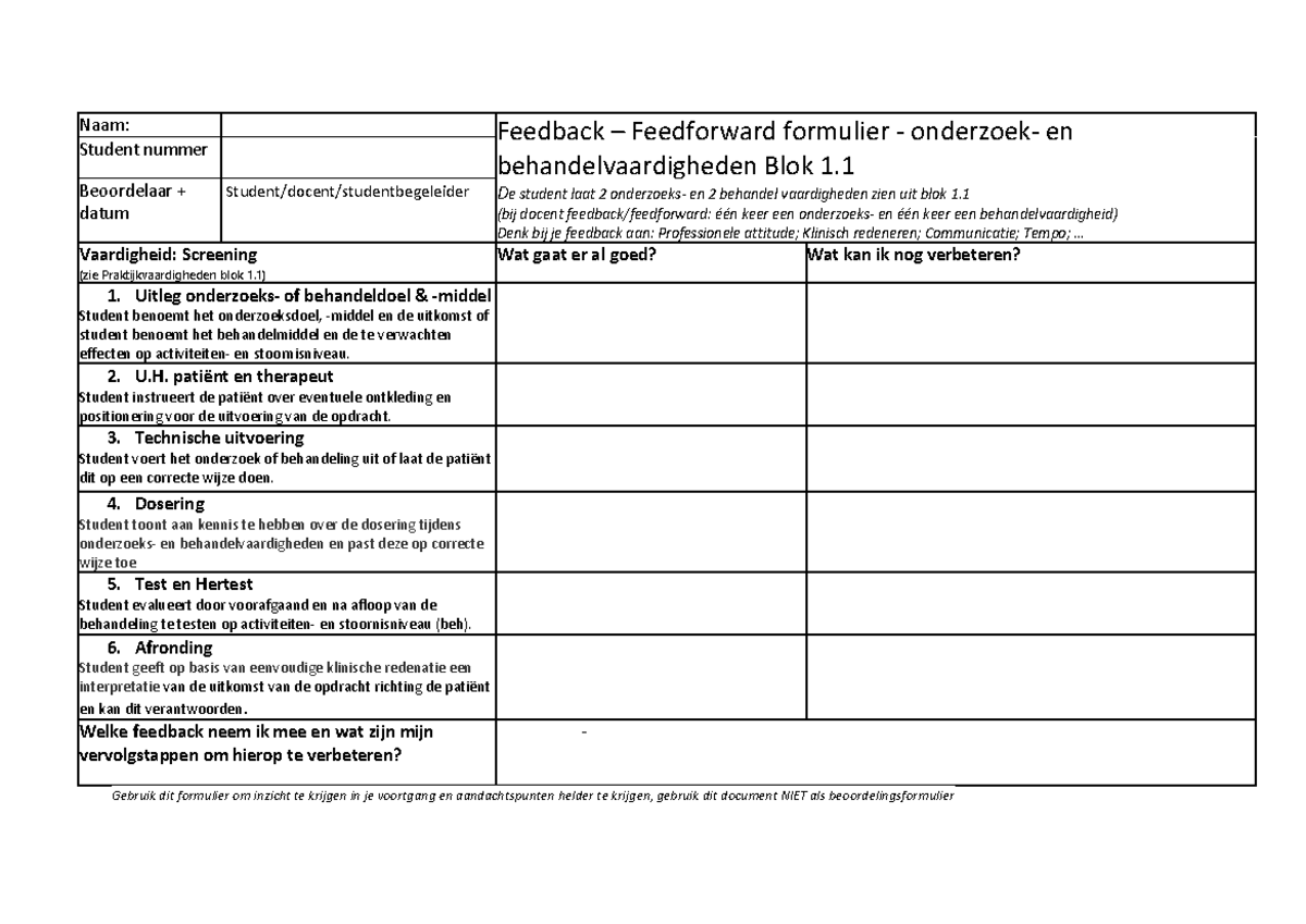 Feedback Formulier Onderzoek- en Behandelvaardigheden Blok 1 - Studeersnel