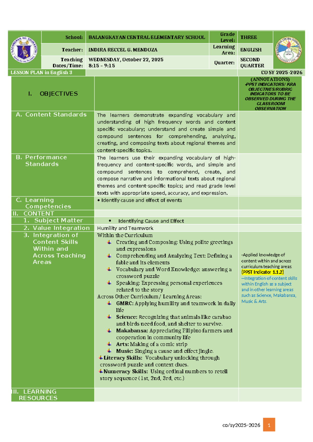 Lesson Plan for English 3: Cause and Effect Activities - Studocu