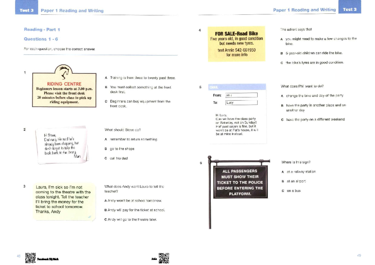 KET 3 Test 3 Reading and Writing Paper 1 Overview and Questions - Studocu
