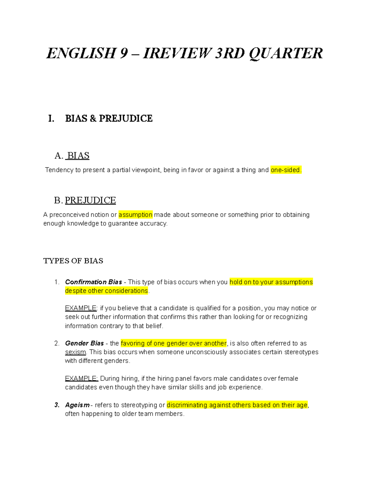ENGLISH 9 I Review: 3rd Quarter Bias and Evidence Analysis - Studocu