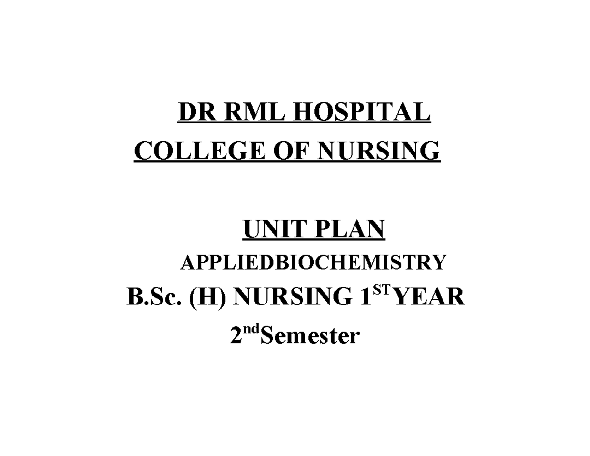 Unit Plan: Applied Biochemistry for B.Sc. Nursing 1st Year (2nd Sem ...