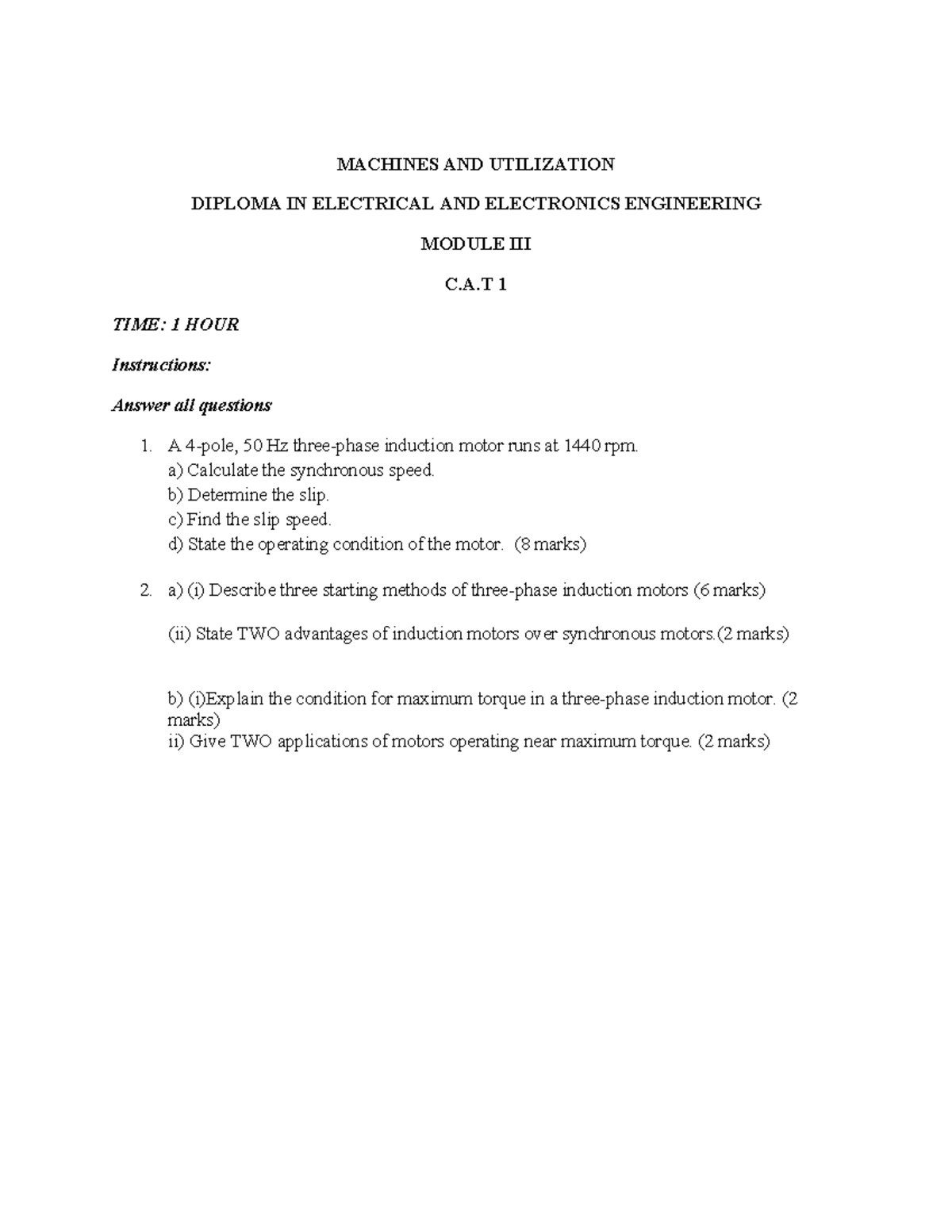 MACHINES AND UTILIZATION - DIPLOMA IN EEE - C.A.T 1 Notes - Studocu