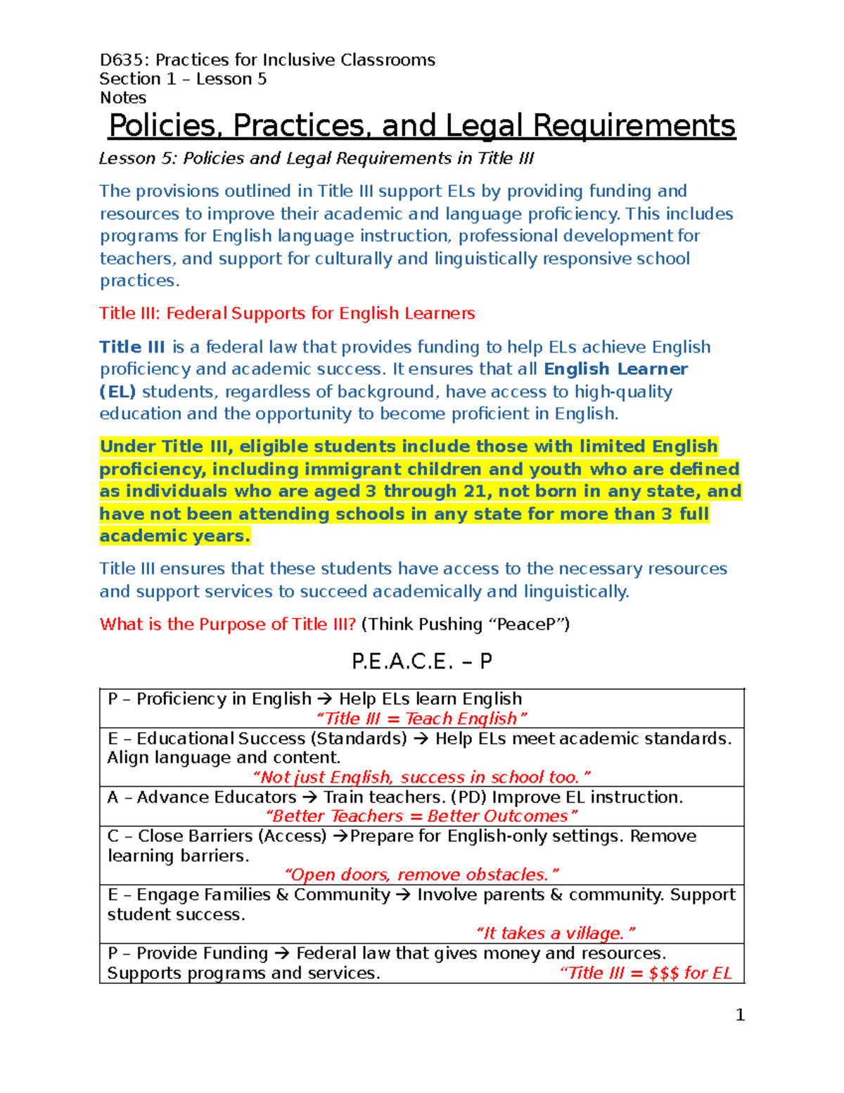 D635: Lesson 5 Notes on Policies & Legal Requirements for ELs - Studocu