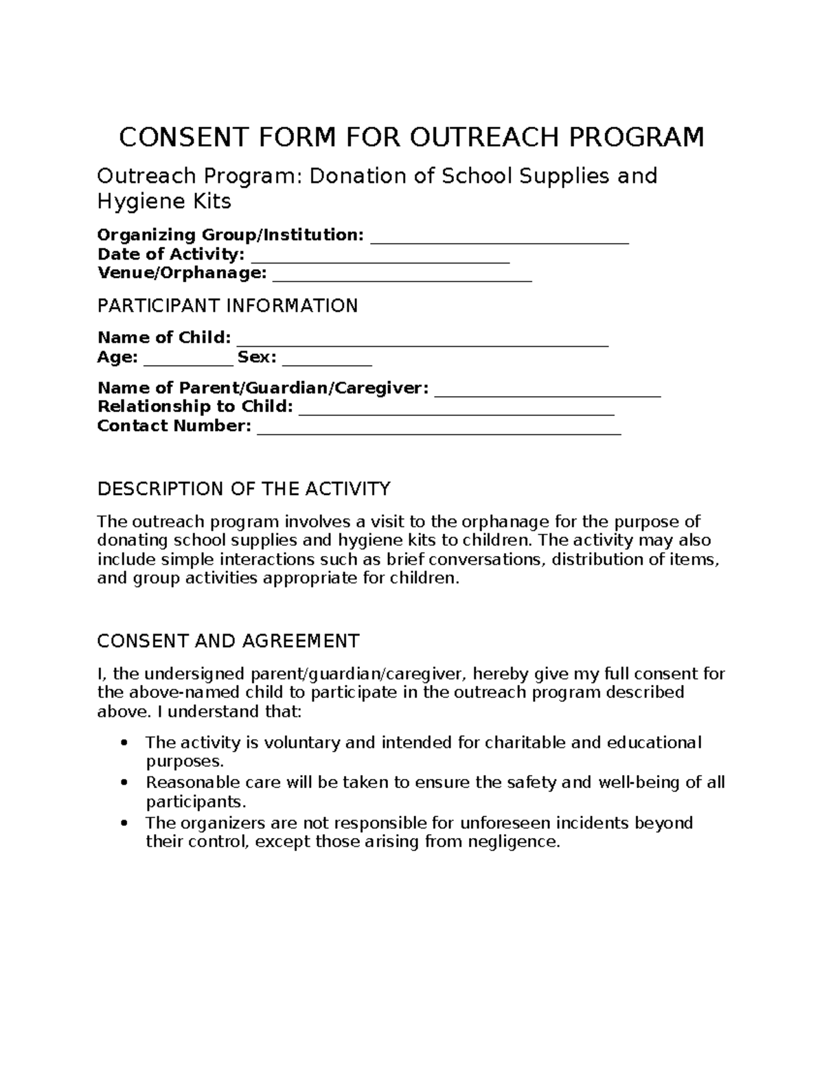 Outreach Program Consent Form for Donation Activities - Studocu