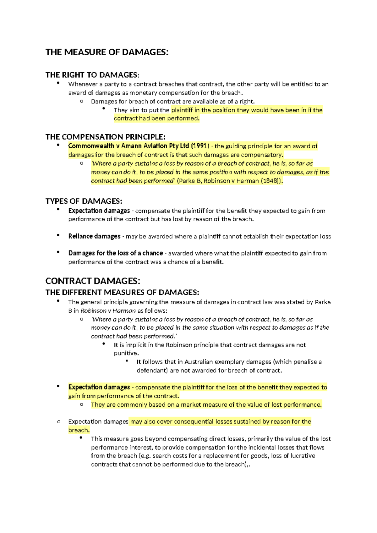Contract Law: Understanding Damages & Compensation Principles 5A - Studocu