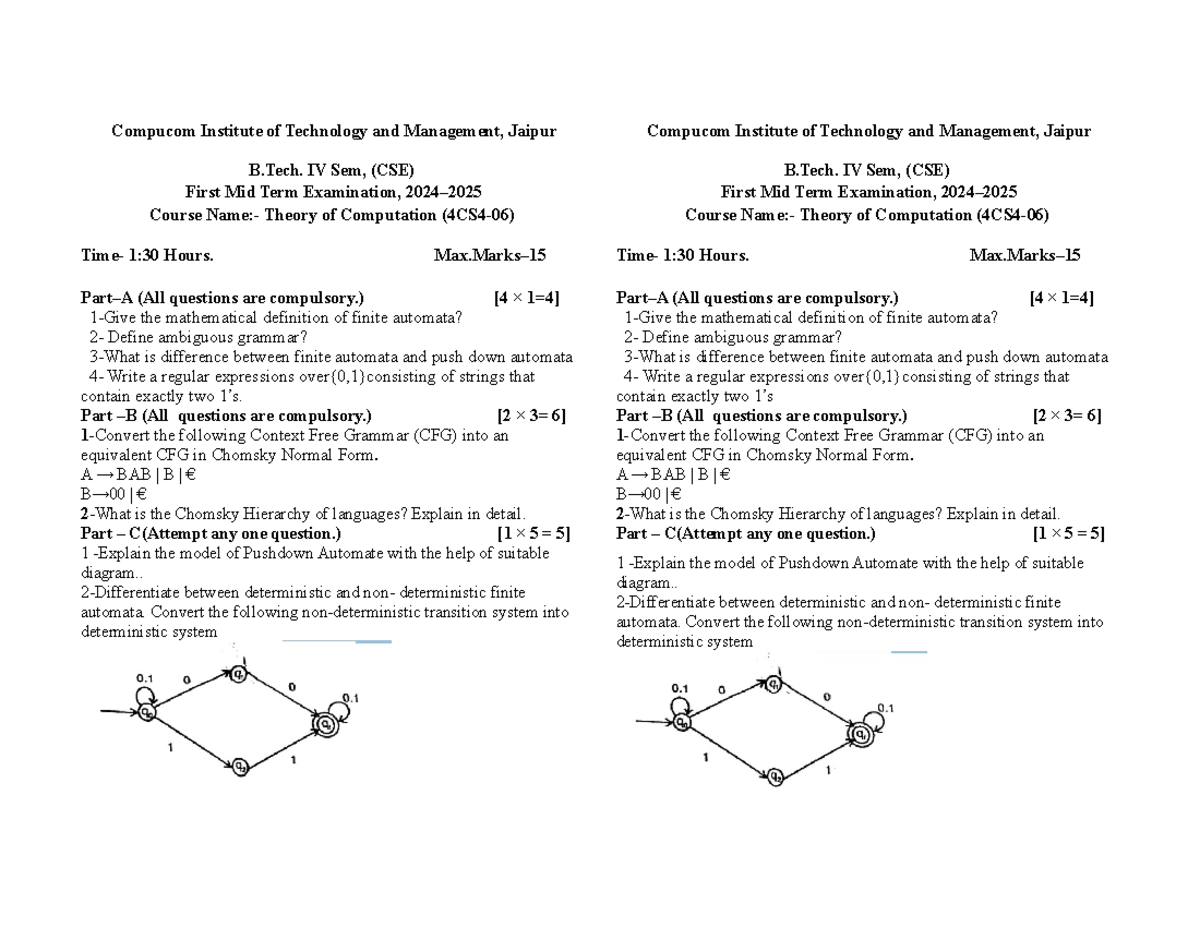 B.Tech CSE IV Sem Midterm Exam QP: Theory of Computation - Studocu