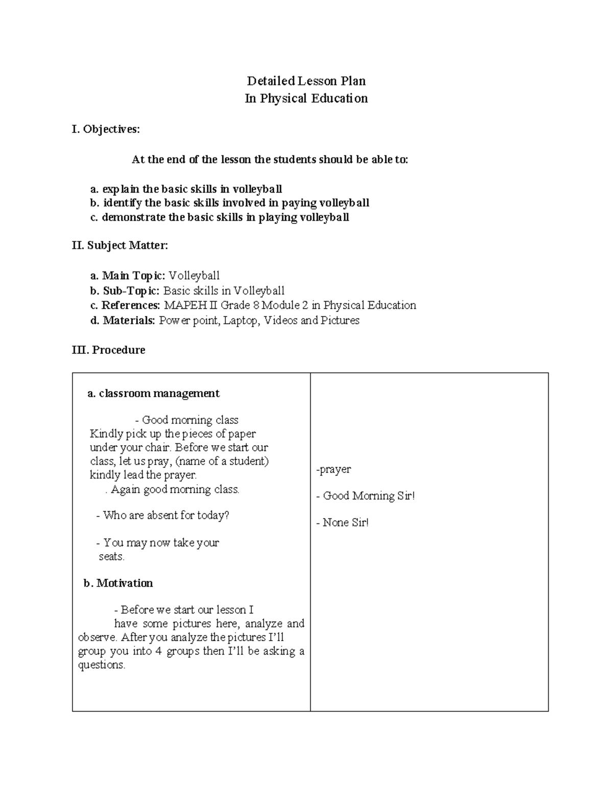 Detailed Lesson Plan in Physical Education I & Health II - Studocu