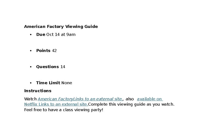 American Factory Viewing Guide Quiz - Due Oct 14, 9am - Studocu