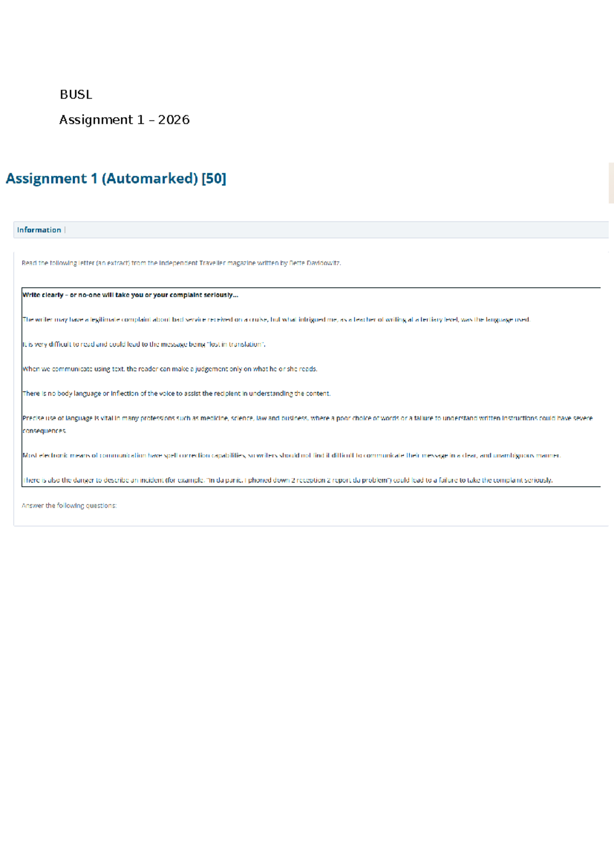 BUSL 2026/2027 Assignment 1 - Communication Barriers Analysis - Studocu