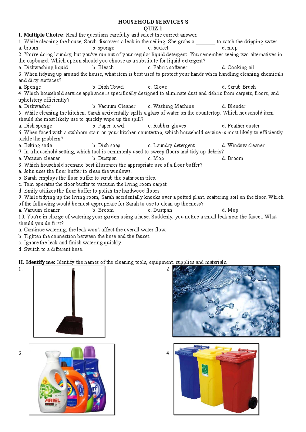 Household Services QUIZ 1 - HOUSEHOLD SERVICES 8 QUIZ 1 I. Multiple ...