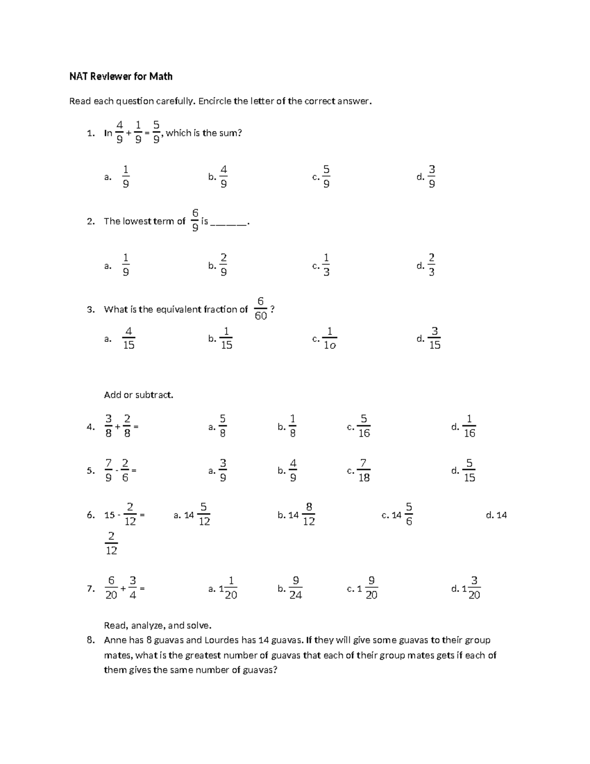NAT Reviewer for Grade 6 Math: Comprehensive Practice Questions - Studocu