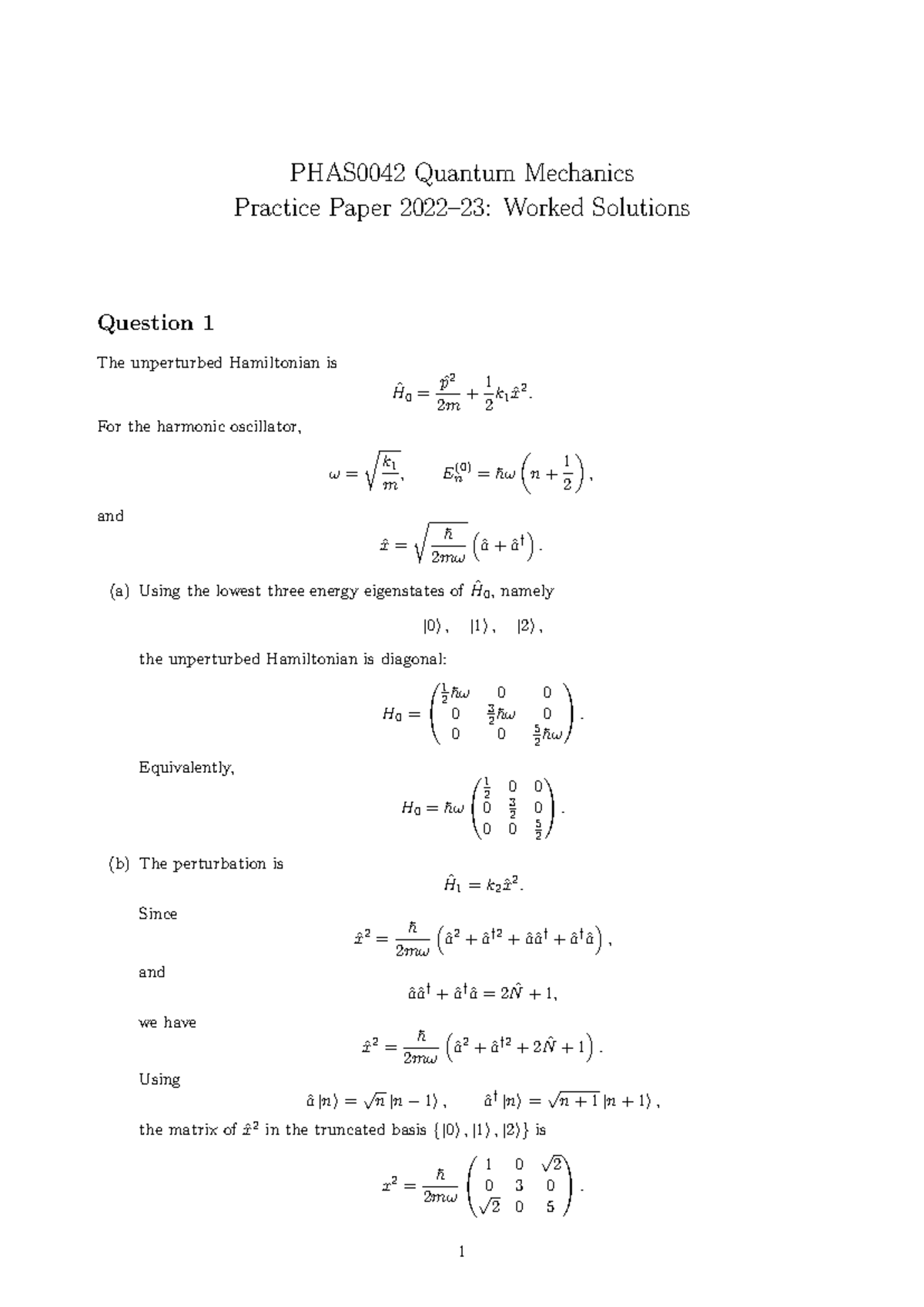 PHAS0042 Quantum Mechanics Practice Paper 2023 Solutions - Studocu