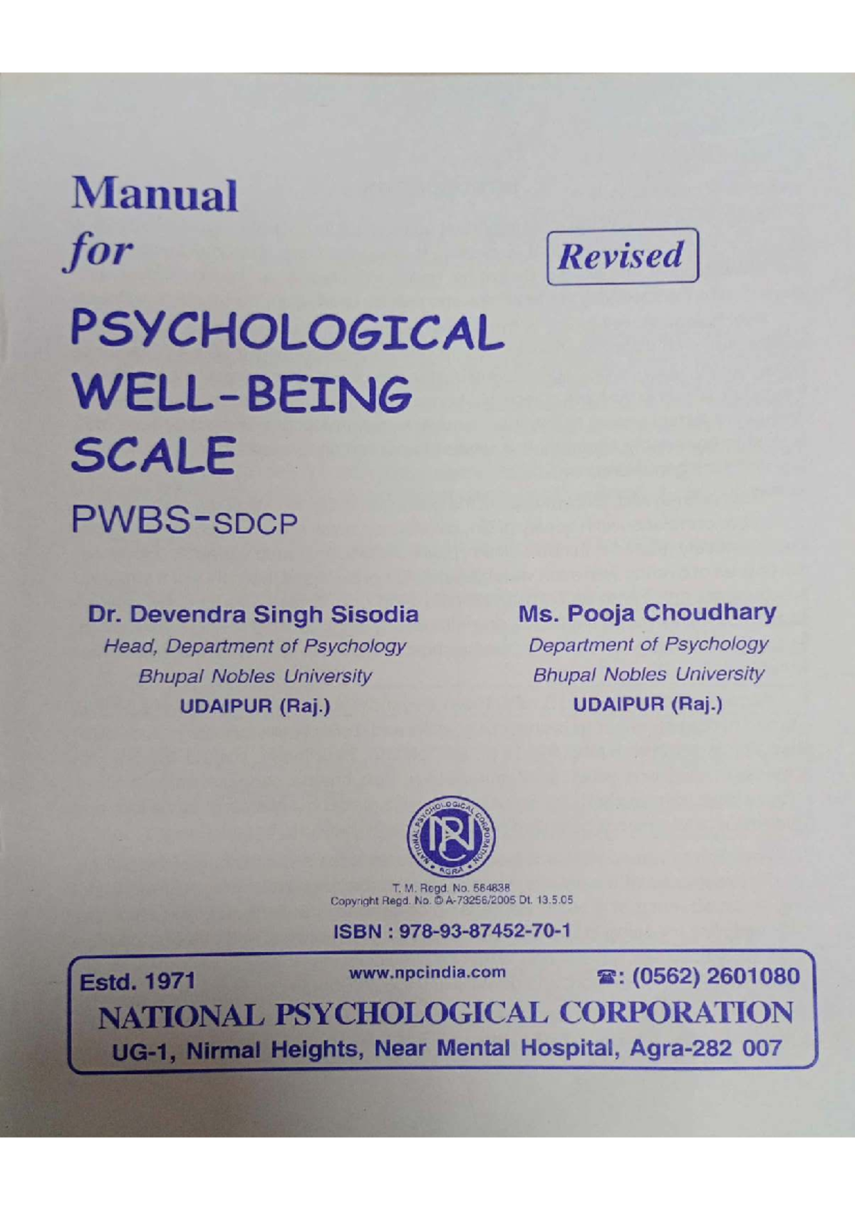 Manual for Revised Psychological Well-Being Scale (PWB) - Studocu