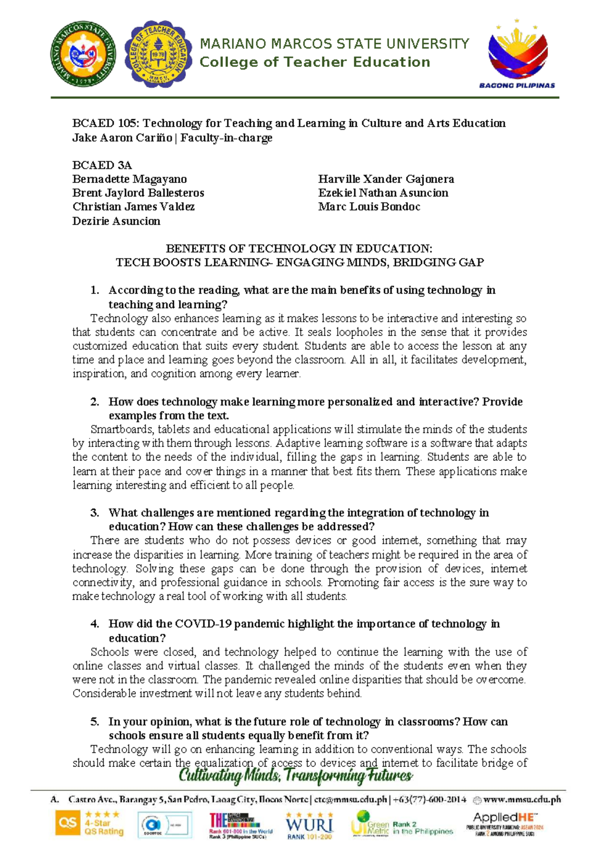 BCAED 105: Benefits of Technology in Education - Group Questionnaire ...