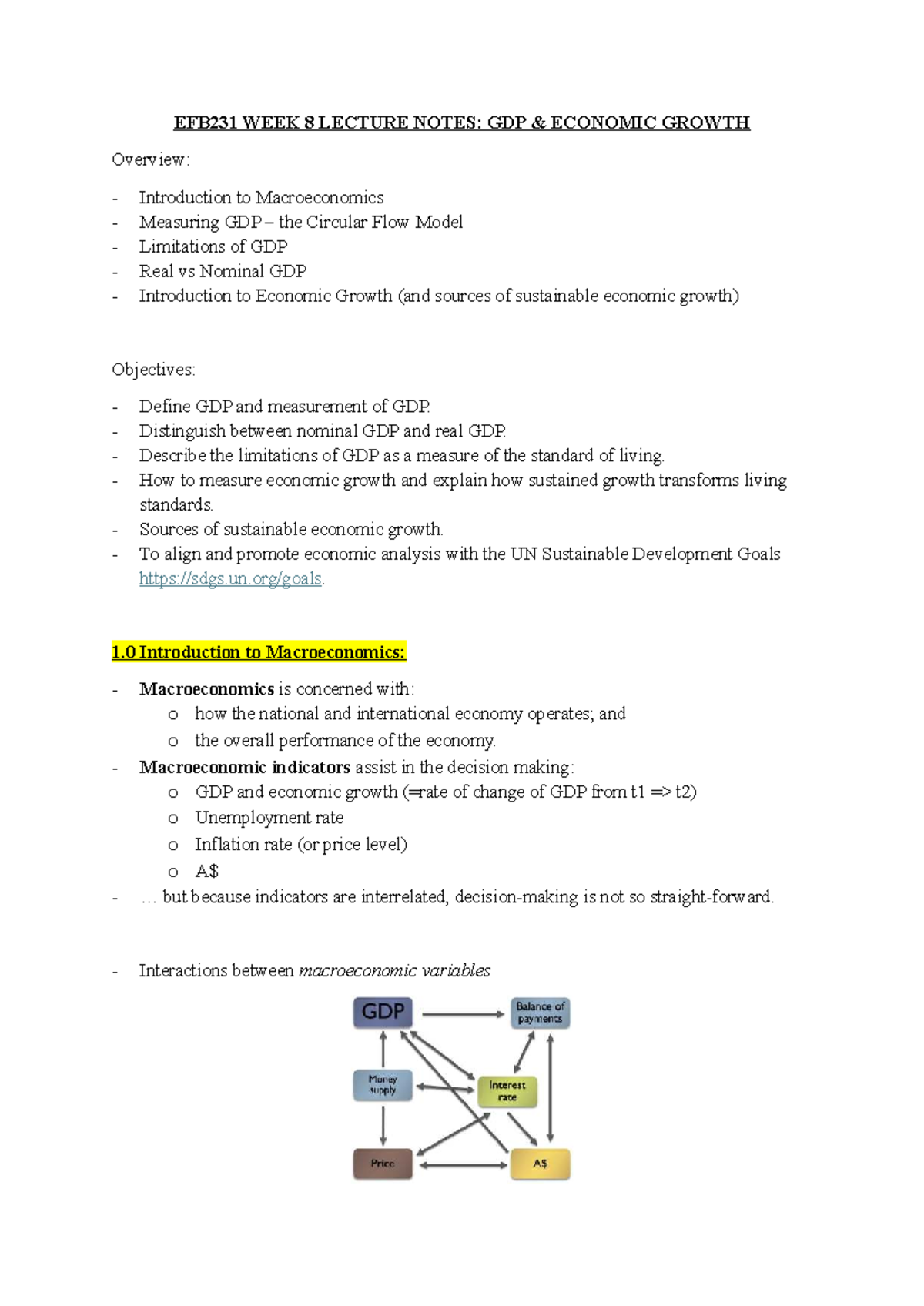 EFB231 WEEK 8 LECTURE NOTES: GDP & ECONOMIC GROWTH Overview - Studocu