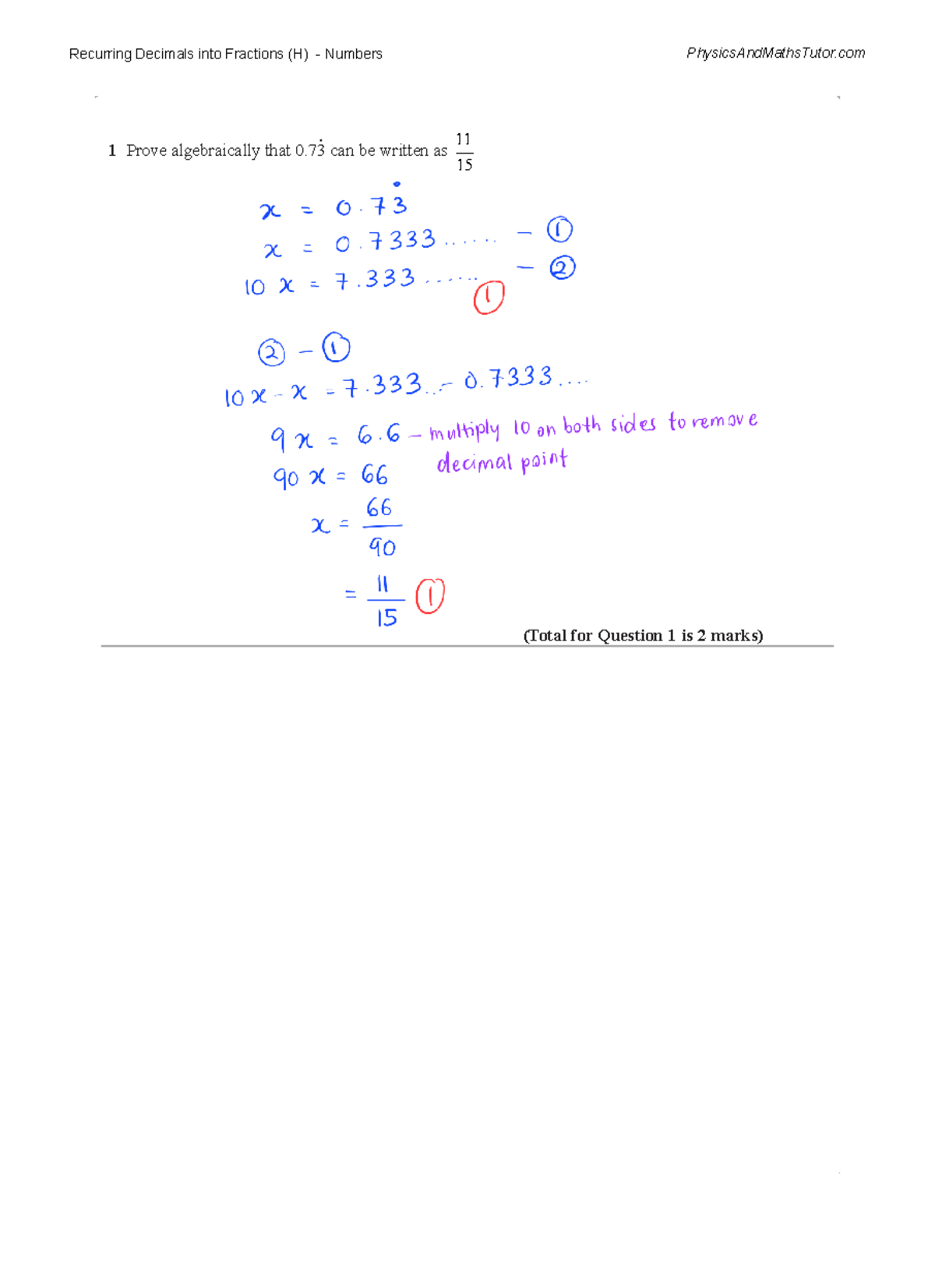 Recurring Decimals to Fractions (H) - Math Notes - Studocu