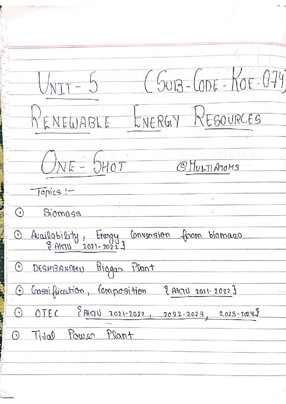 RER KOE 074 Unit 5: Renewable Energy Resources Overview and Biomass ...