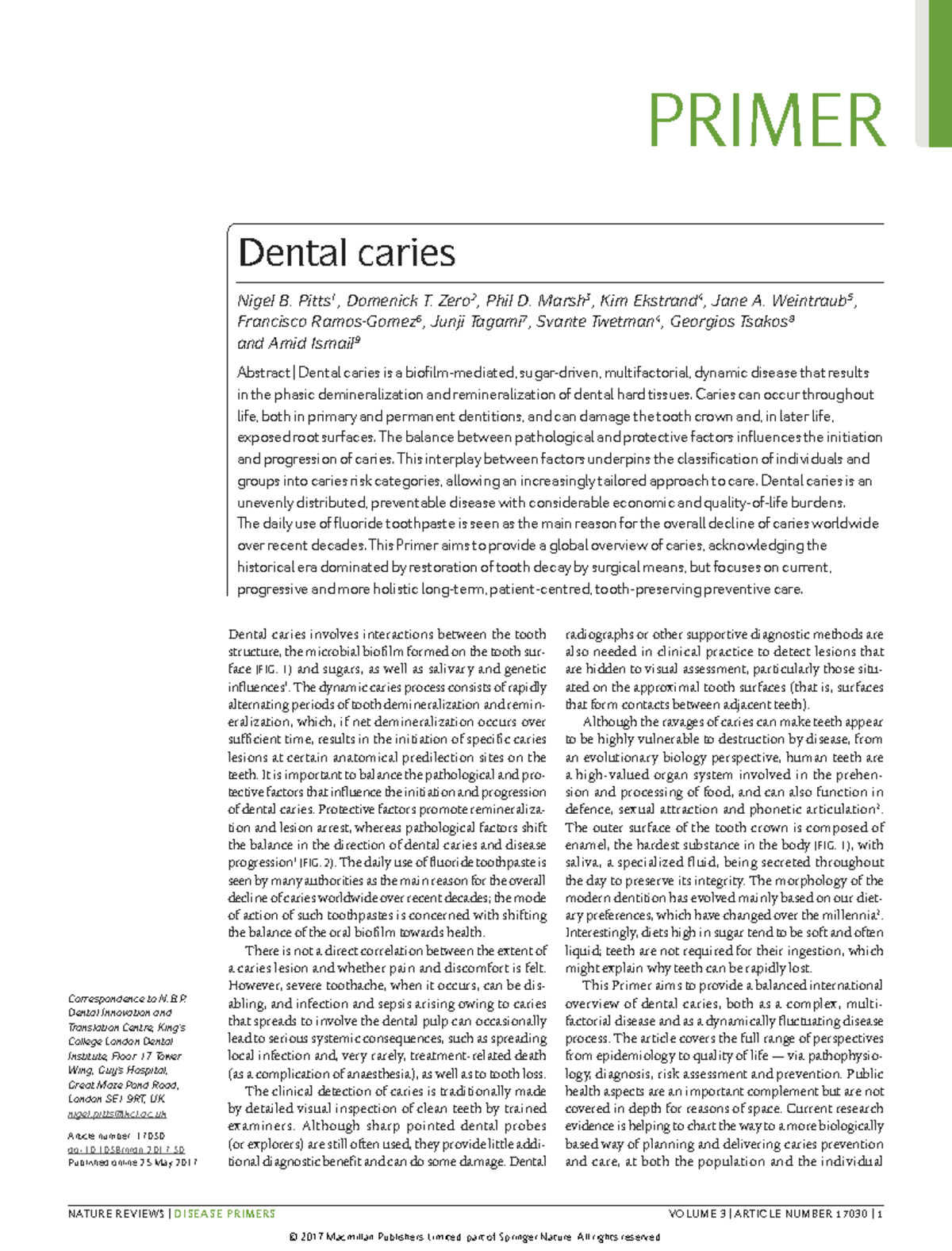 PRIMER Dental Caries Overview: Insights from Pitts et al. - Studocu