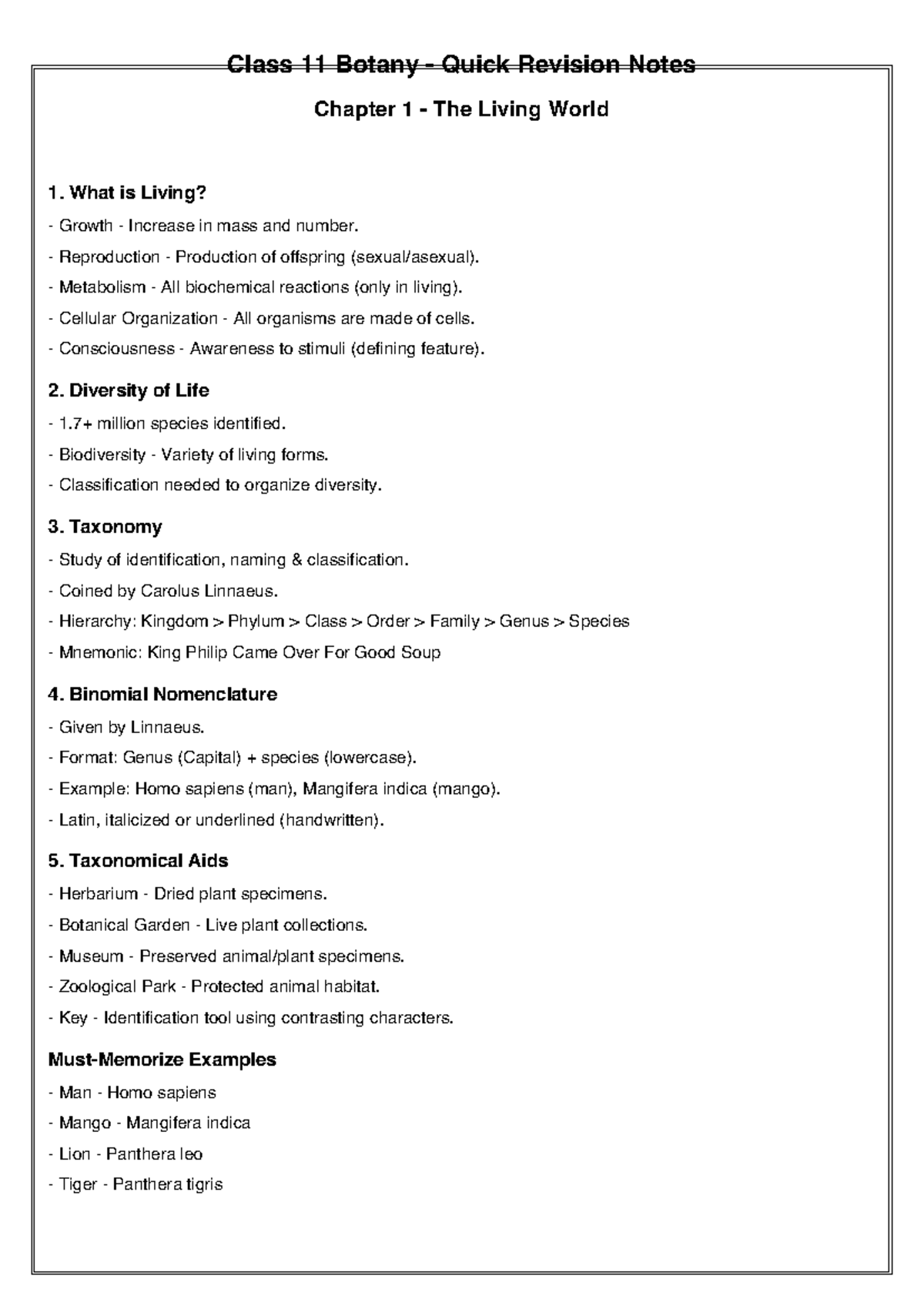 Class 11 Botany Quick Revision Notes: Chapter 1 - The Living World ...