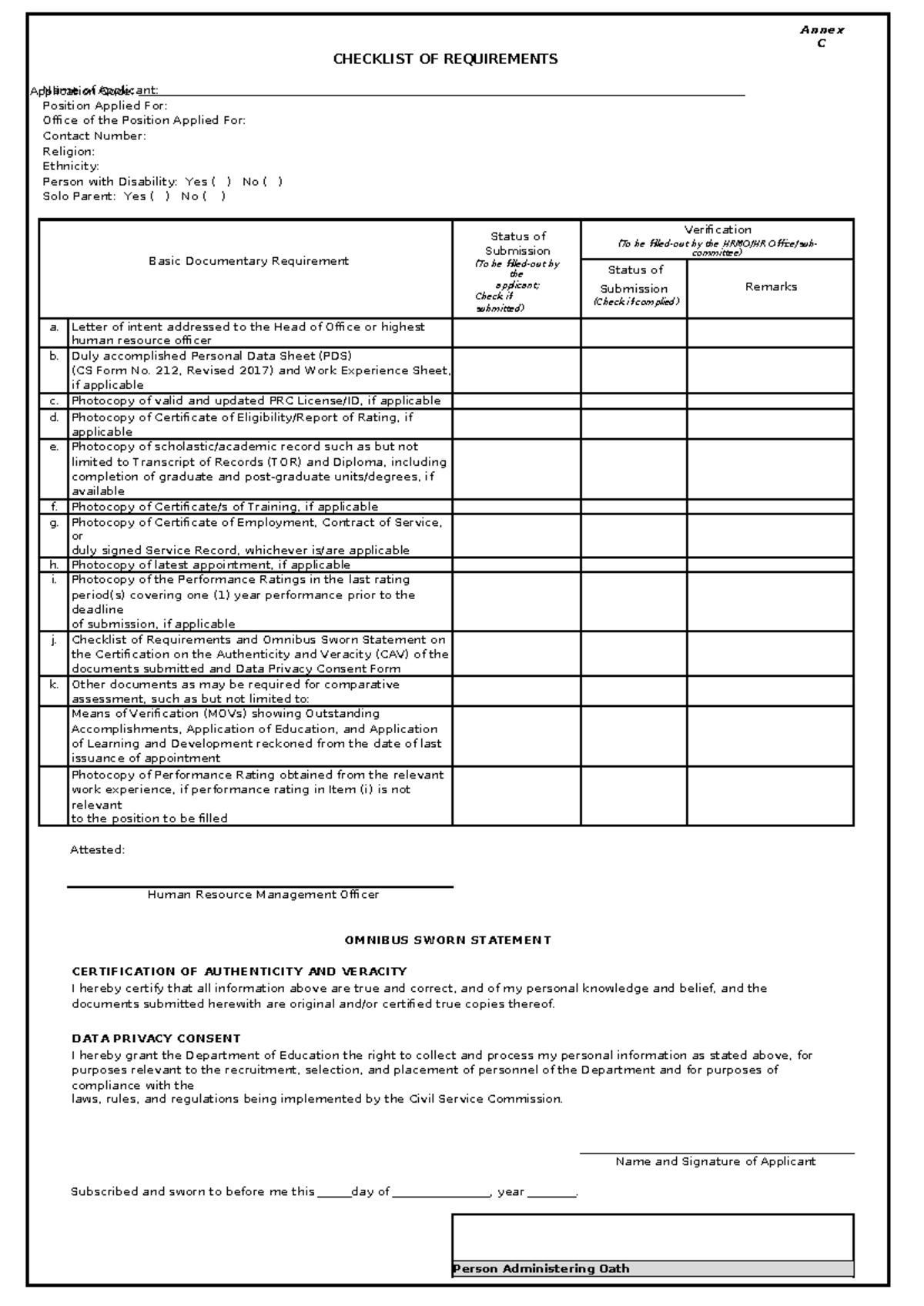 Annex C - Checklist of Requirements & Omnibus Sworn Statement - Studocu