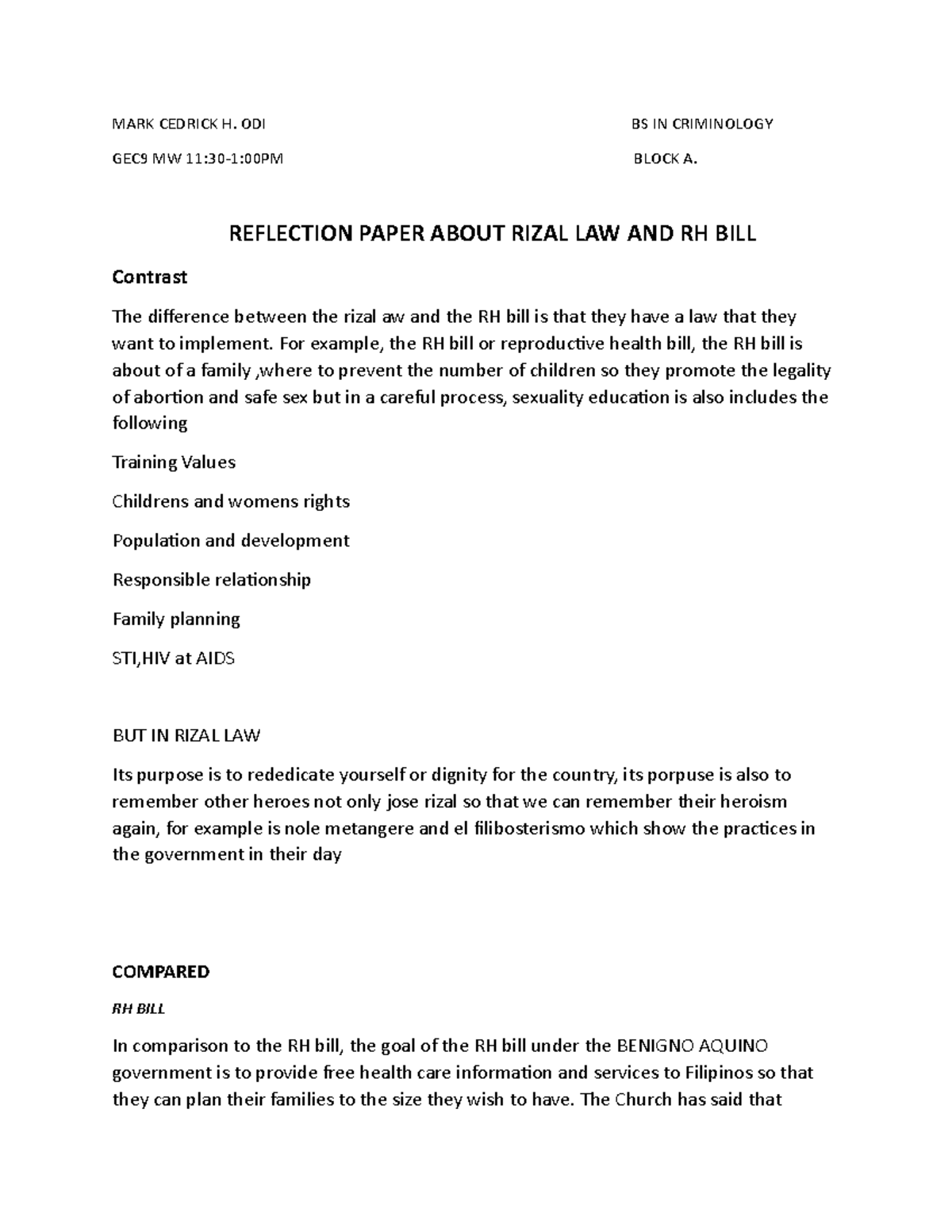 Reflection About RH BILL AND Rizal BILL - MARK CEDRICK H. ODI BS IN ...