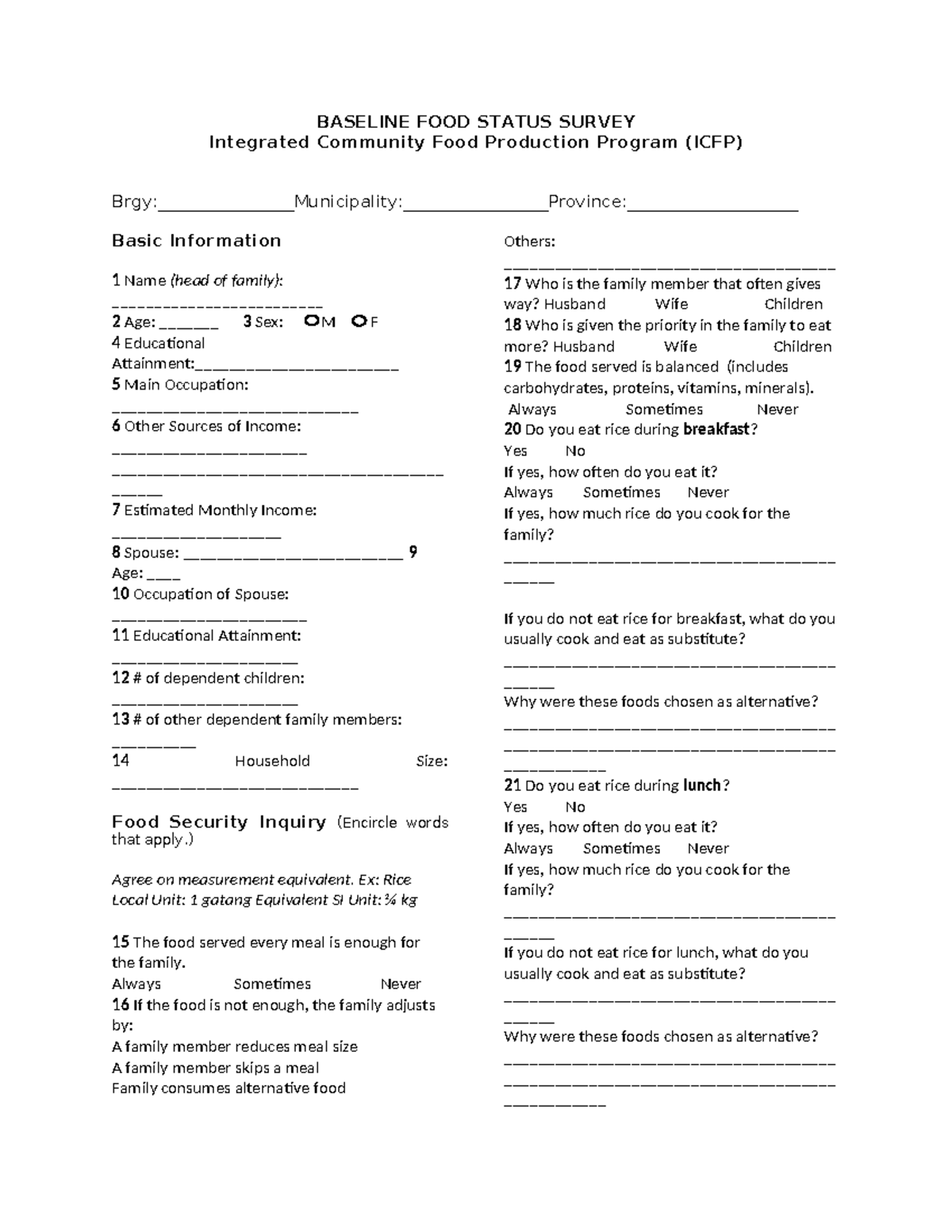 Baseline Survey - BASELINE FOOD STATUS SURVEY Integrated Community Food ...