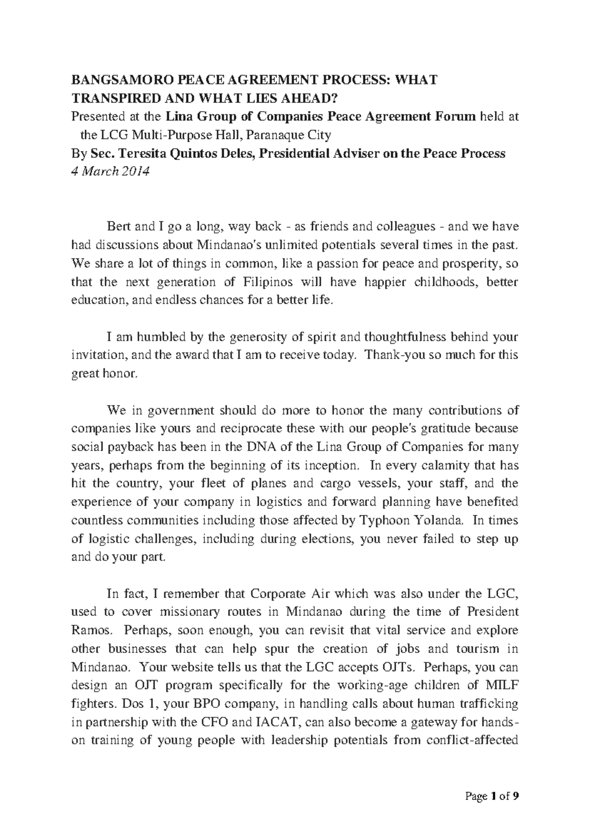 BANGSAMORO PEACE AGREEMENT PROCESS: INSIGHTS & FUTURE PROSPECTS - Studocu