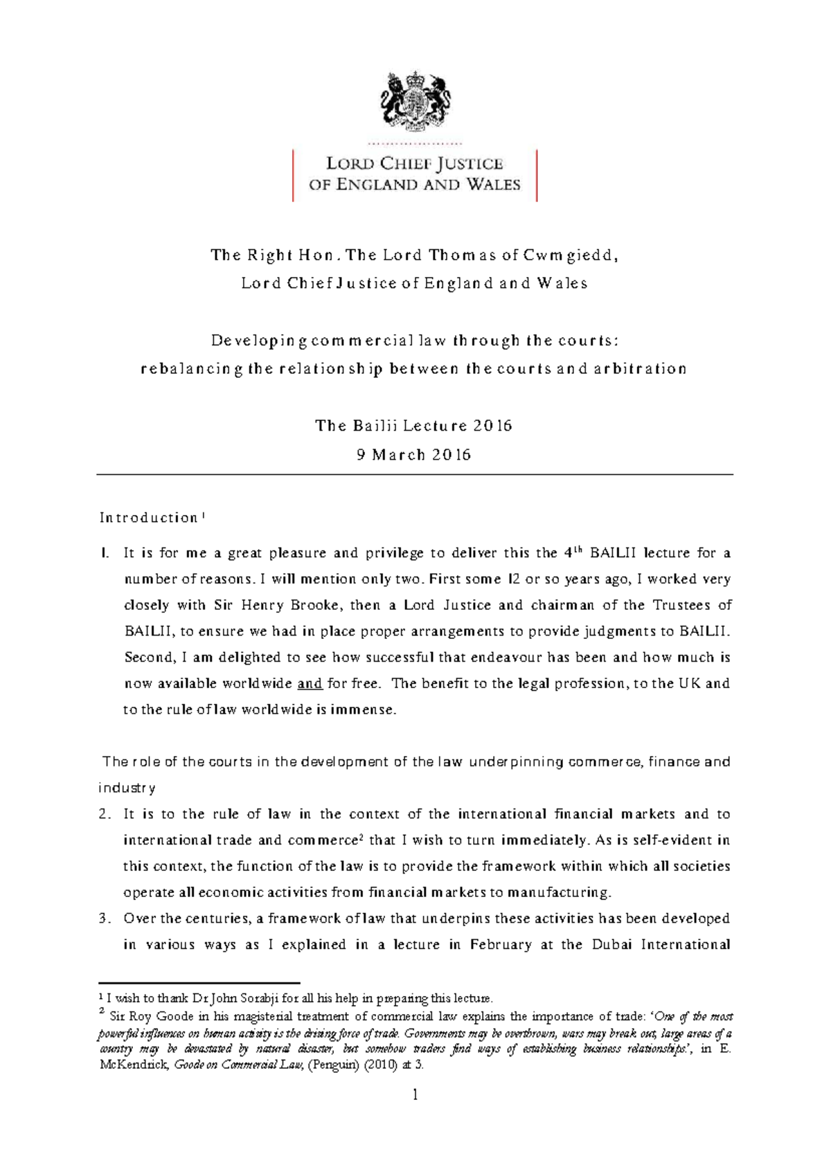 Developing Commercial Law: The BAILII Lecture by Lord Thomas (2016 ...