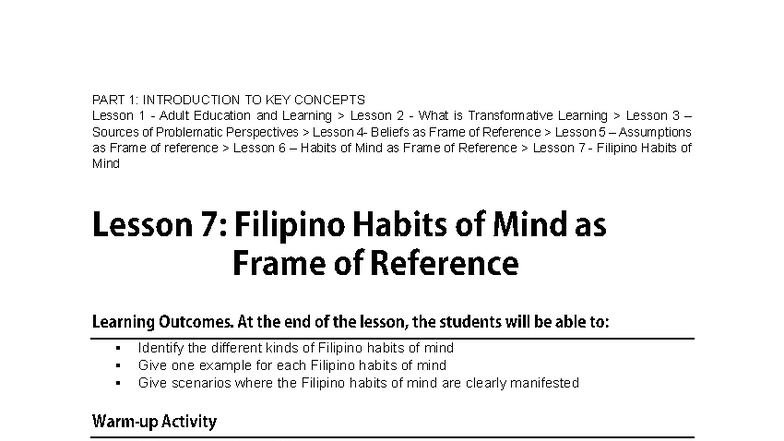 EDUC 101: Lesson 7 - Filipino Habits of Mind as Frames of Reference ...